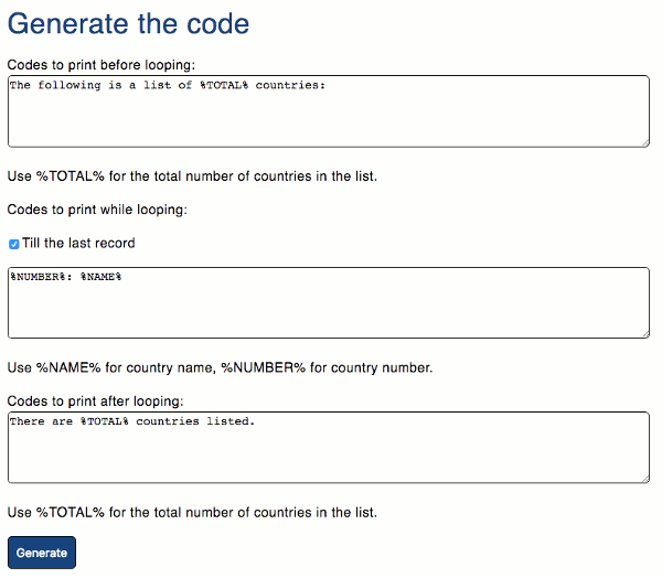 Code generator for list of countries